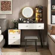 VEANERWOOD Black Makeup Vanity with LED Lights, Power Strip, 4 Drawers ...