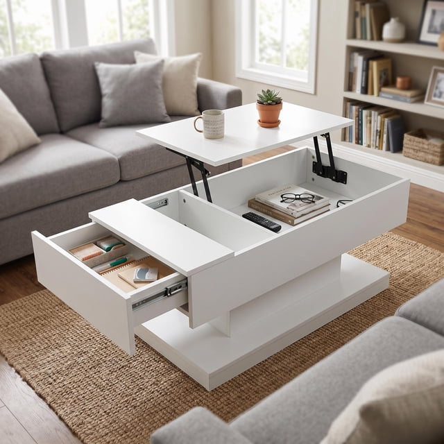 Homy Casa Lift Top LED Coffee Table, High Gloss White, Sliding Top ...