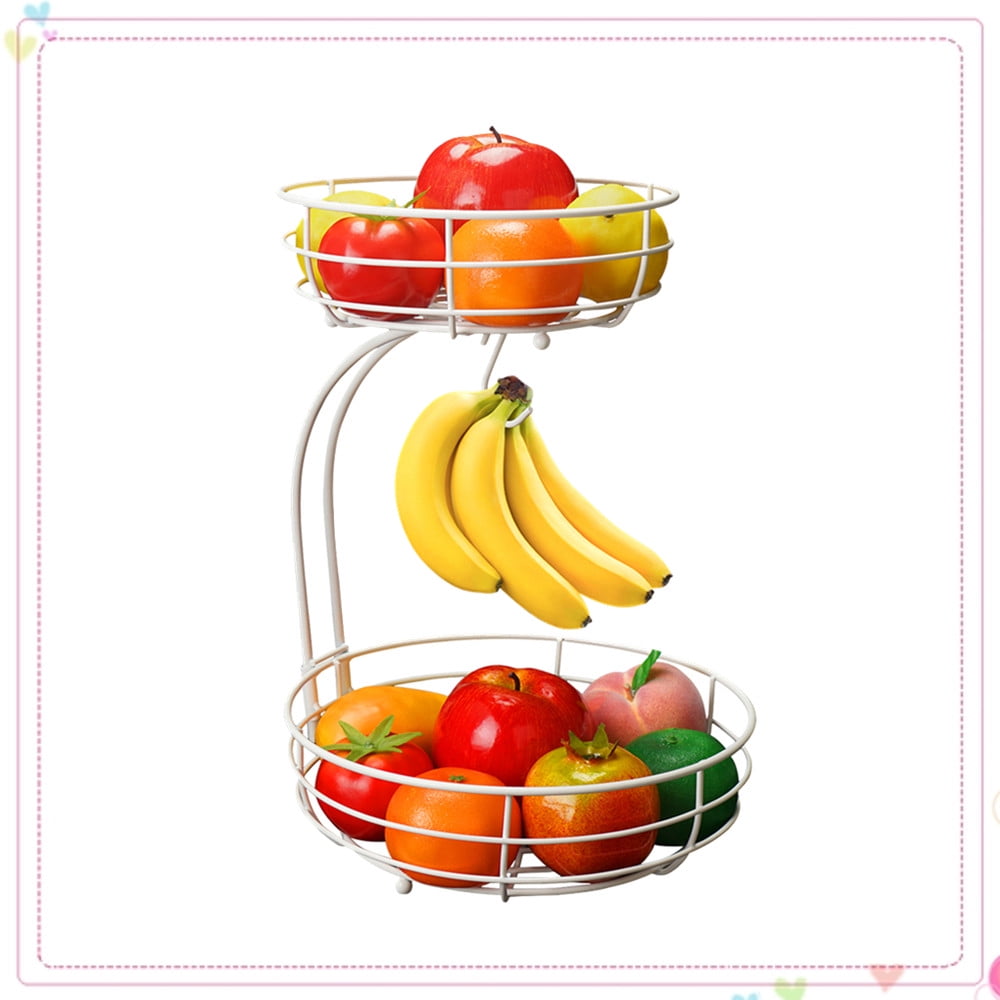 2 Tier Metal Wire Fruit Vegetable Basket Bowl with Banana Tree ...