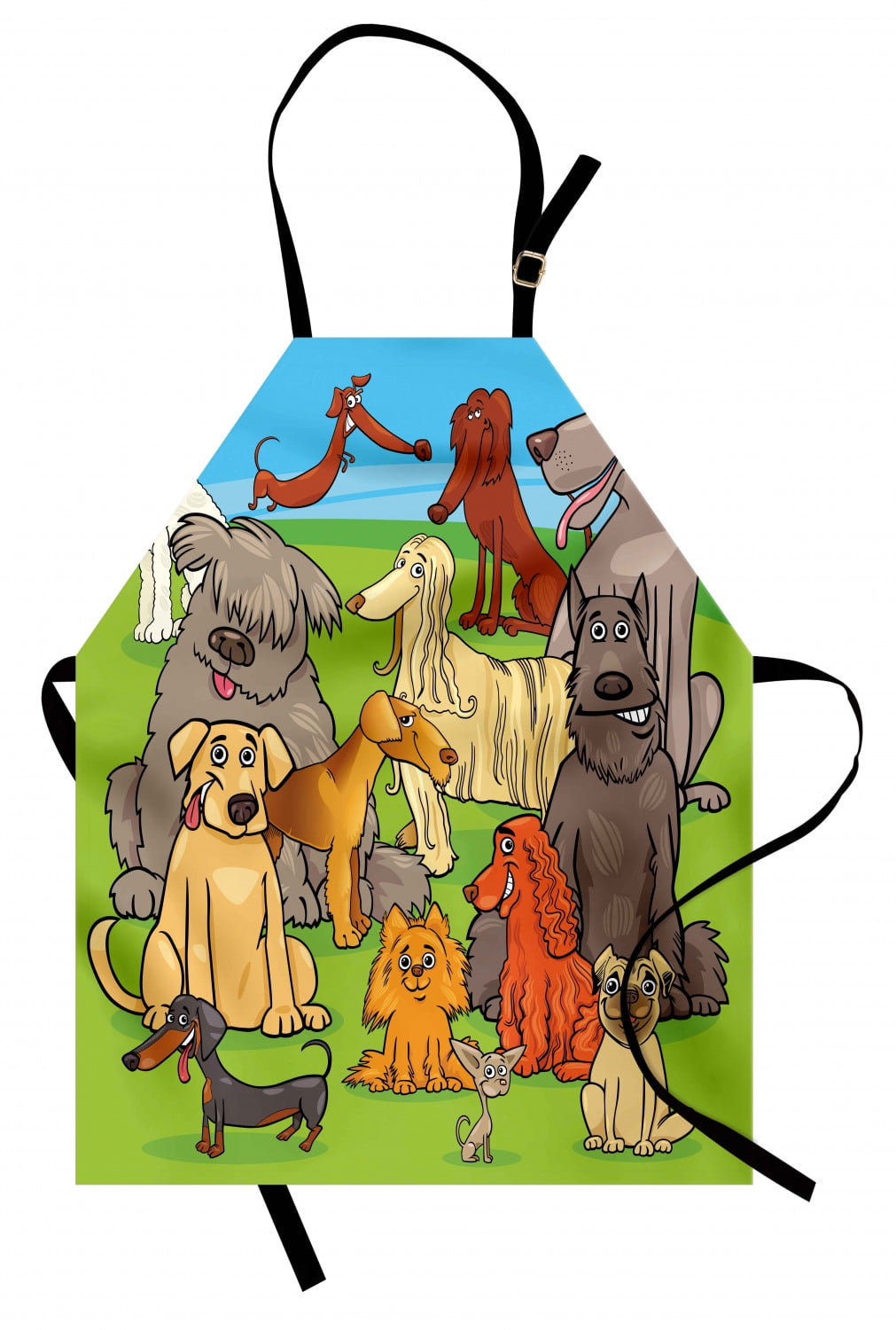 Cartoon Apron, Funny Themed Graphic with Happy Dog Characters on Grassy ...