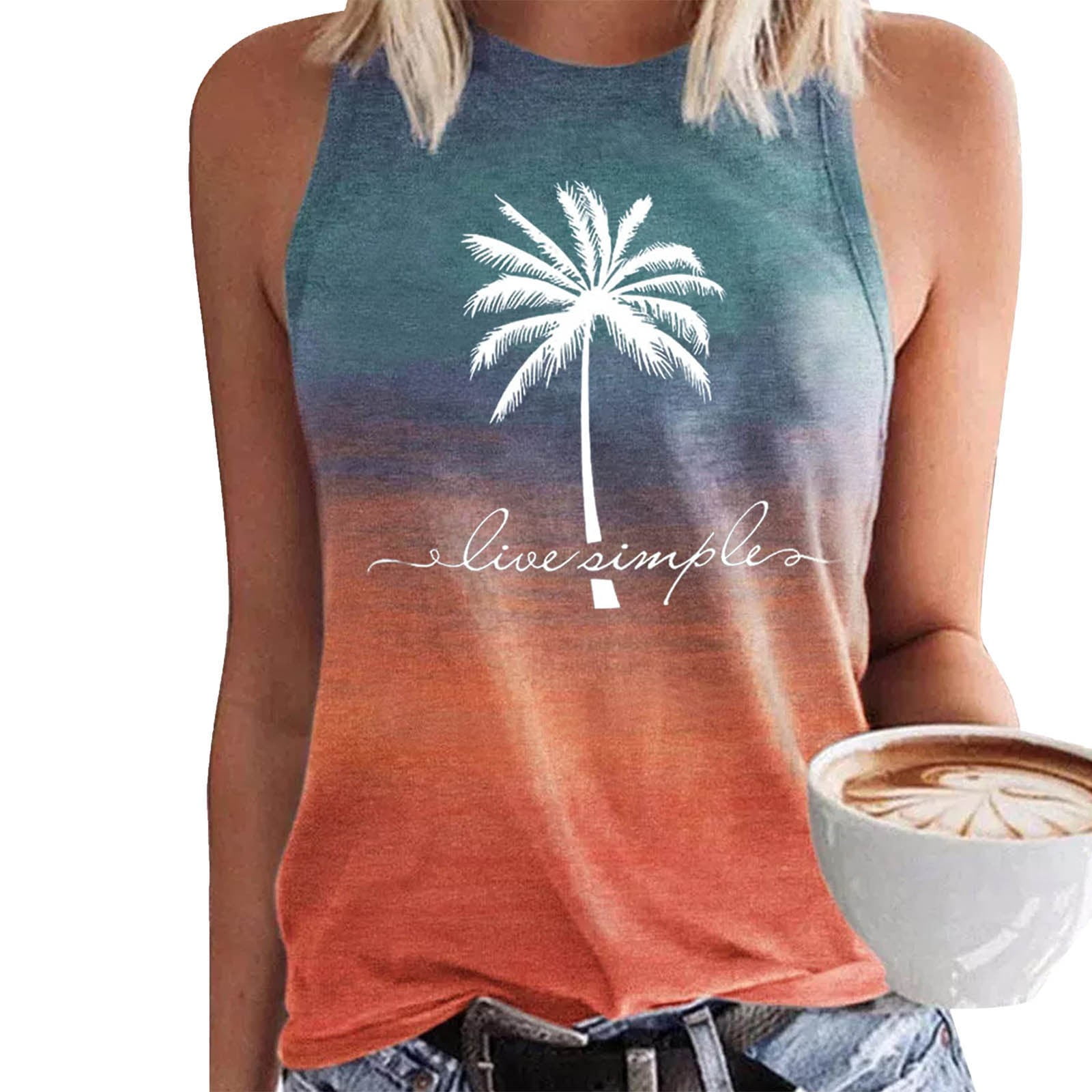 Lojoutye 2025 Womens Racerback Vest Gradient 40b Printed Tank Top Summer Active Tops For Women Plus Size Vacation Casual Sleeveless
