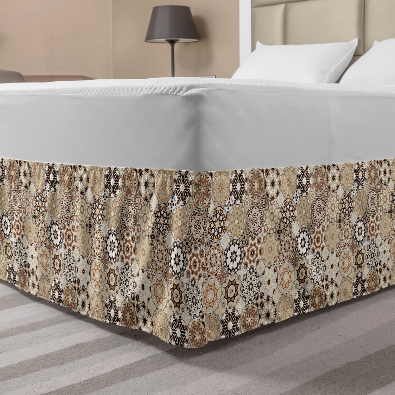 Eastern Bed Skirt, Octagonal and Square Ornaments Retro Colored Old ...