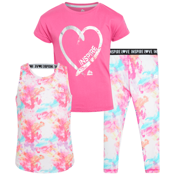 RBX Girls' Pants Set - 3 Piece Short Sleeve Performance T-Shirt, Tank ...