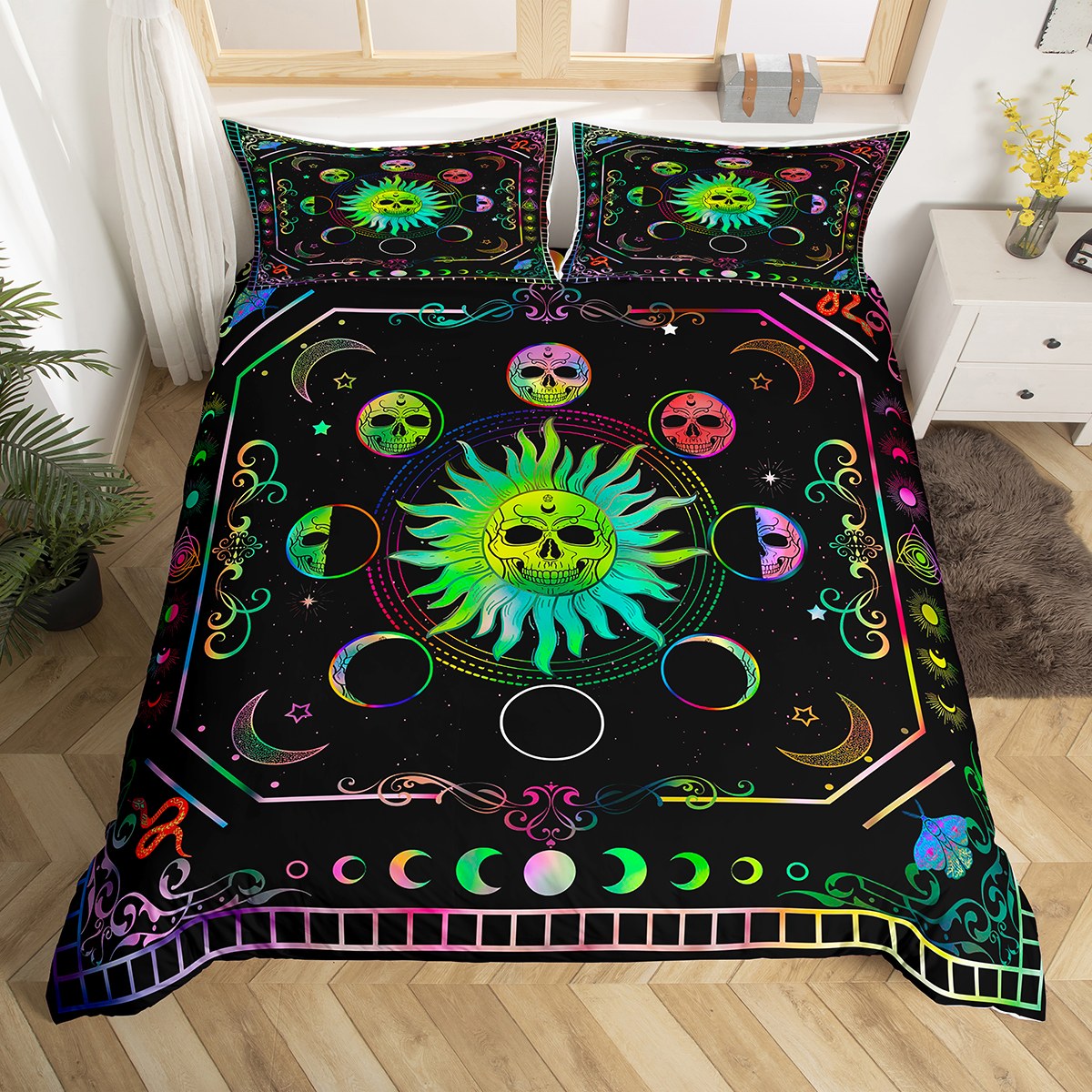 YST Boho Sun Bedding Sets Queen Moon and Stars Duvet Cover Gothic Skull ...