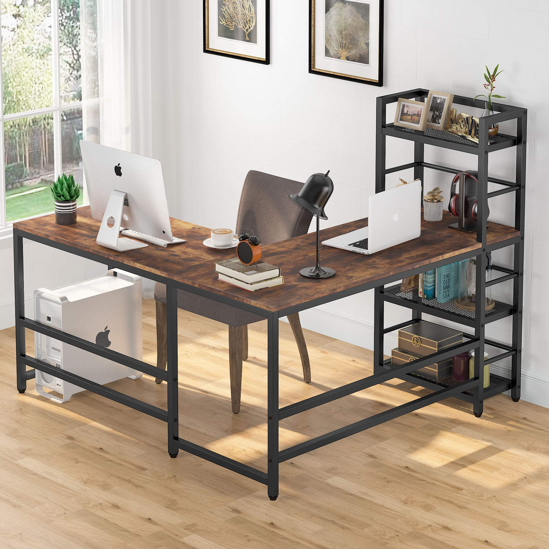 Tribesigns 59 Inch L Shaped Computer Desk with 4-Tier Storage Shelves ...