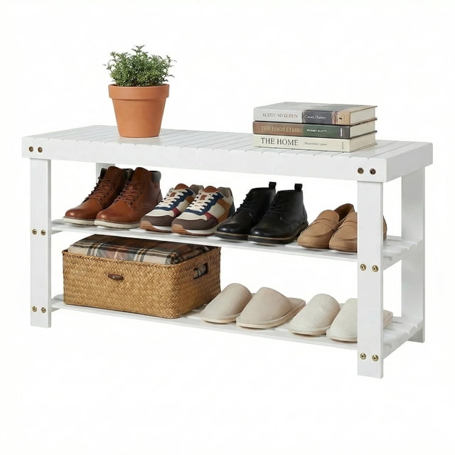 Shoe Rack Bench, 3-Tier Bamboo Shoe Storage Organizer with Seat, Heavy ...