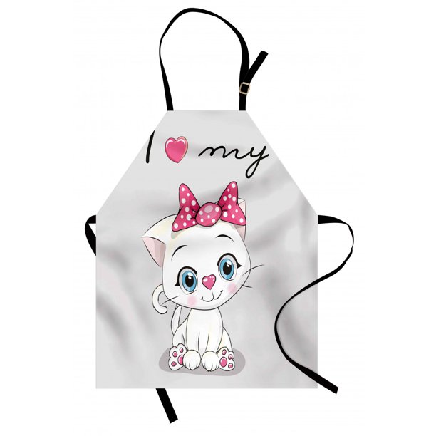 Kitten Apron Cute Cartoon Domestic White Cat Pink Cheeks Fluffy I Love ...