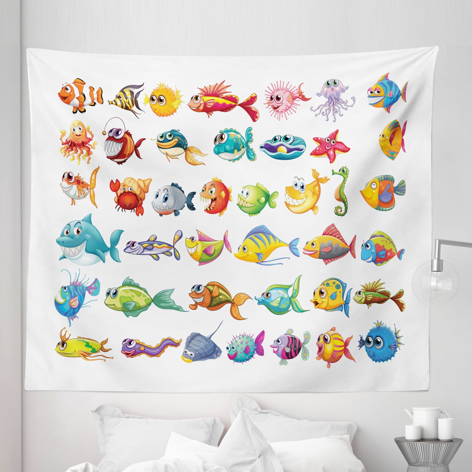 Fish Tapestry, Composition of Sea Creatures Cartoon Style Vivid Colors ...