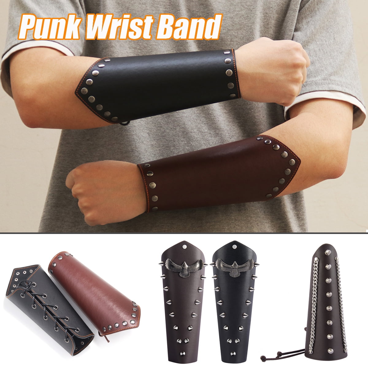 1pc Cosplay Punk Leather Bracer Drawstring Arm Armor Steampunk Medieval ...