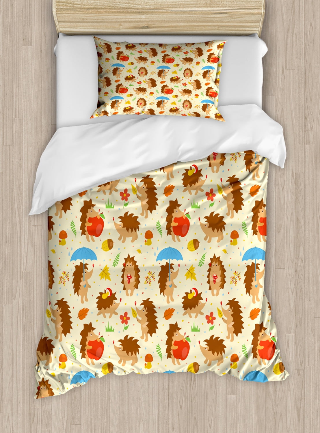 Hedgehog Twin Size Duvet Cover Set, Cartoon Style Woodland Animal in ...