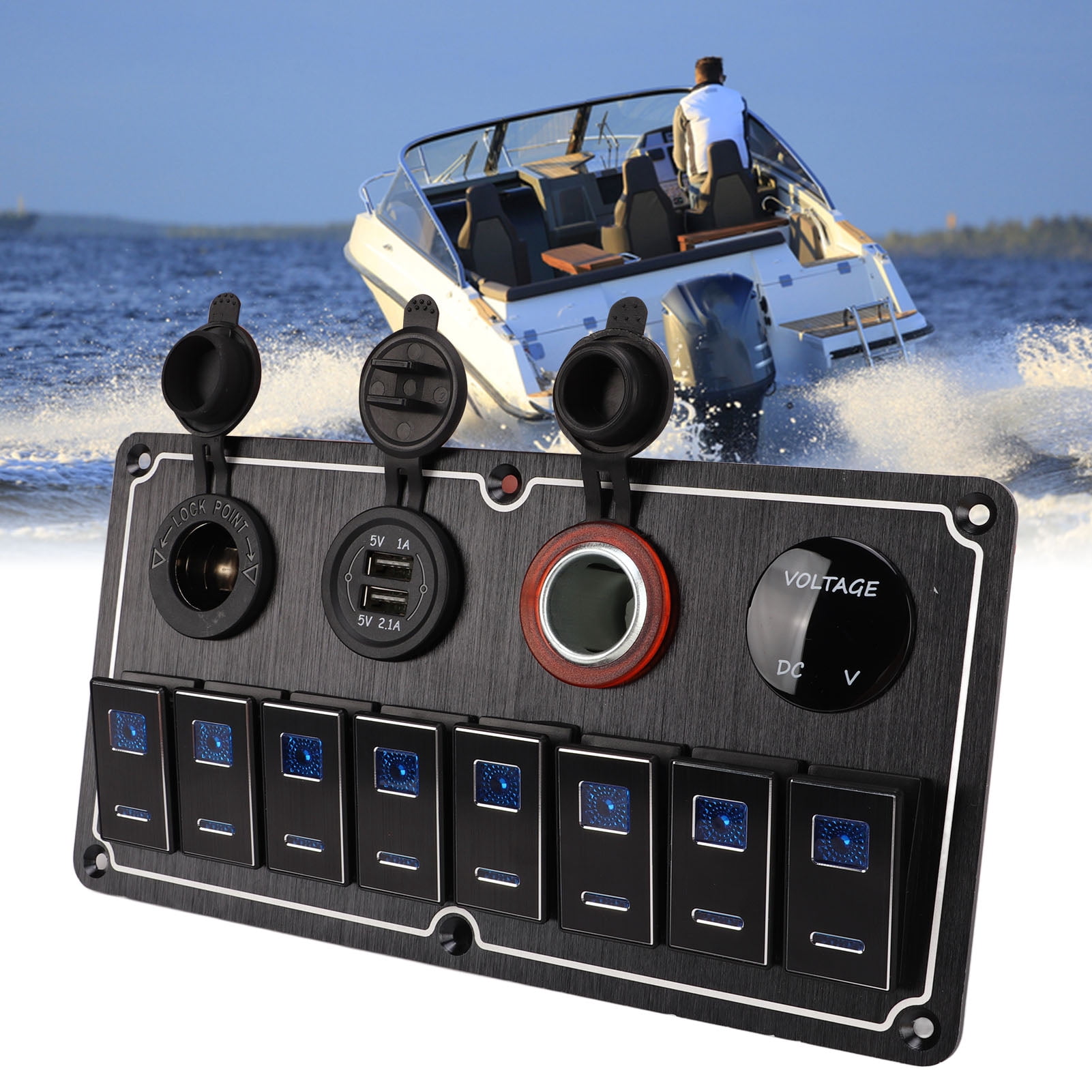Marine Boat Switch Panel, Waterproof 8 Gang Anodize Black Boat Rocker ...