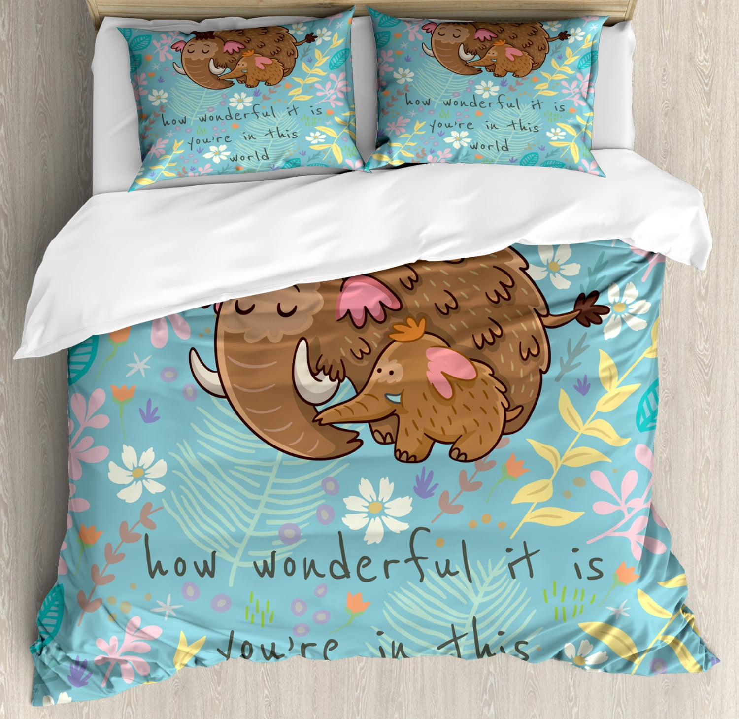 Quote Queen Size Duvet Cover Set, Parent and Baby Elephant on a Floral ...