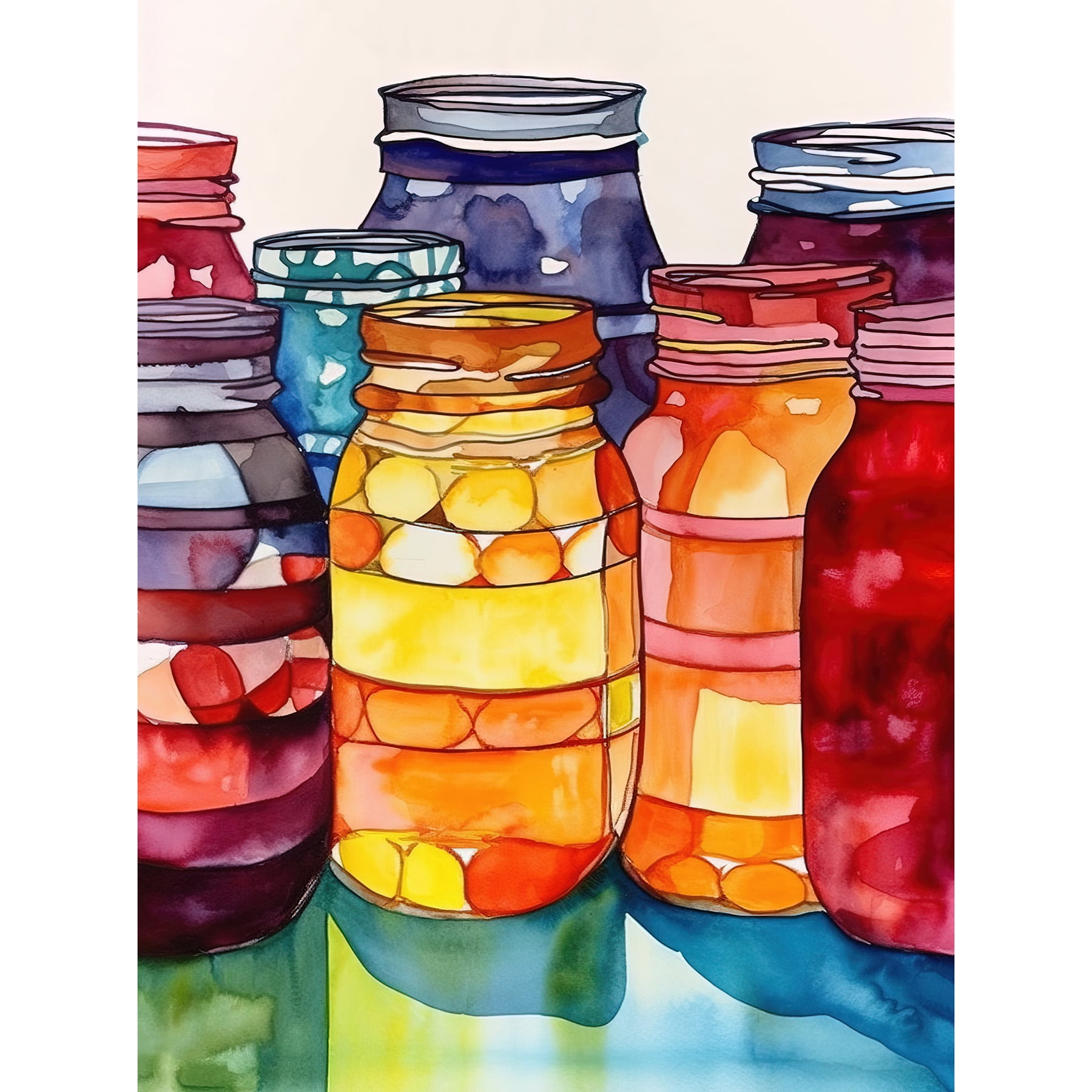 Coloured Glass Canning Jars Still Life Watercolour Painting Unframed ...