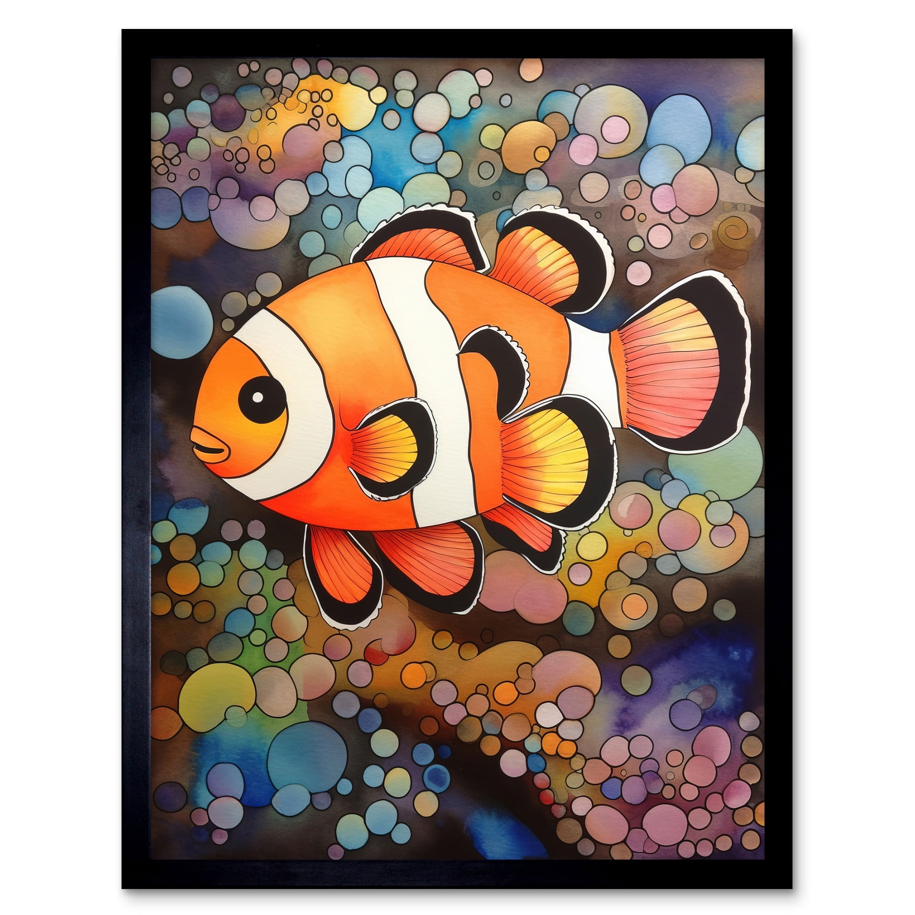 Clownfish In Colourful Bubbles Folk Art Watercolour Painting Art Print ...