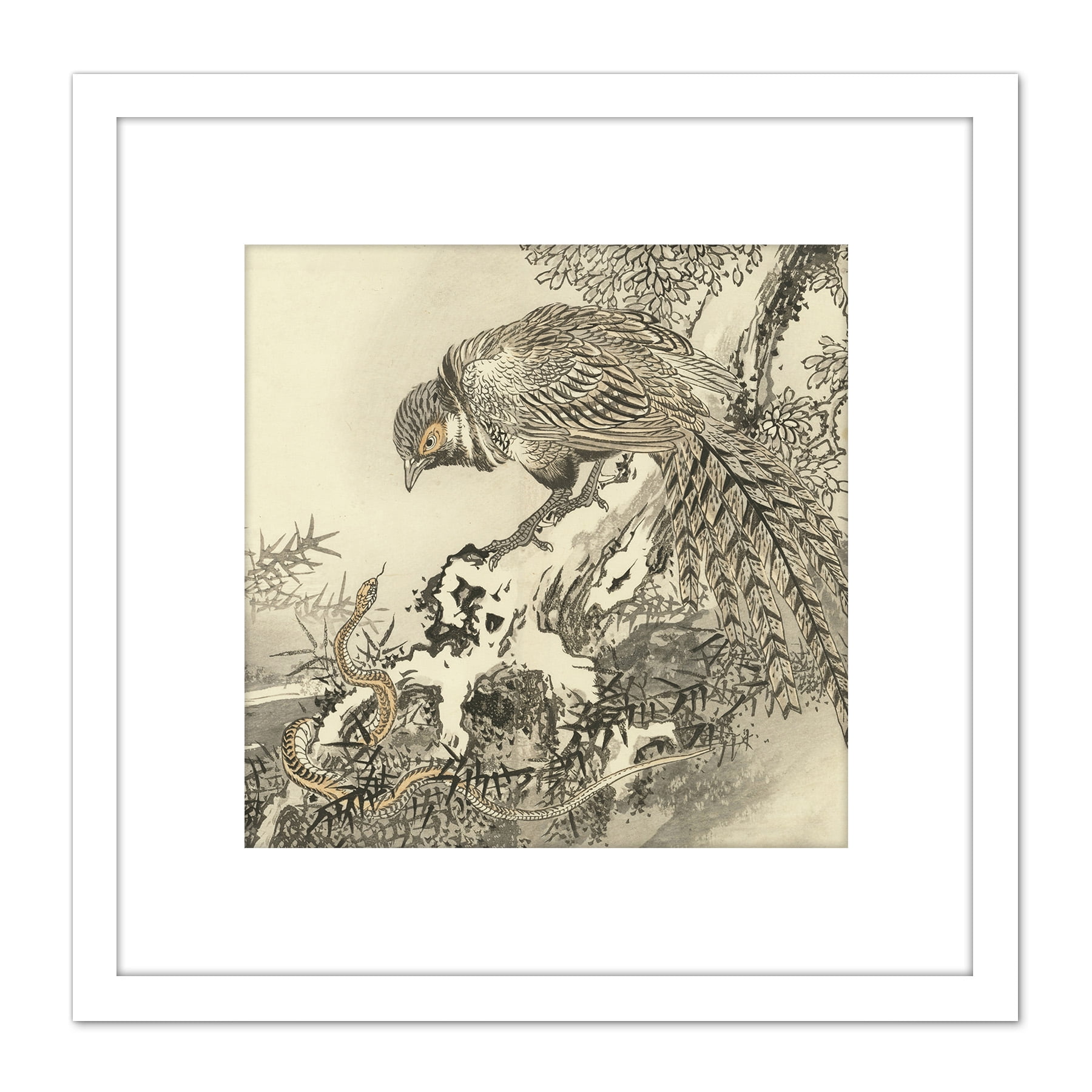 Bairei Pheasant Snake Japanese Painting 8X8 Inch Square Wooden Framed ...