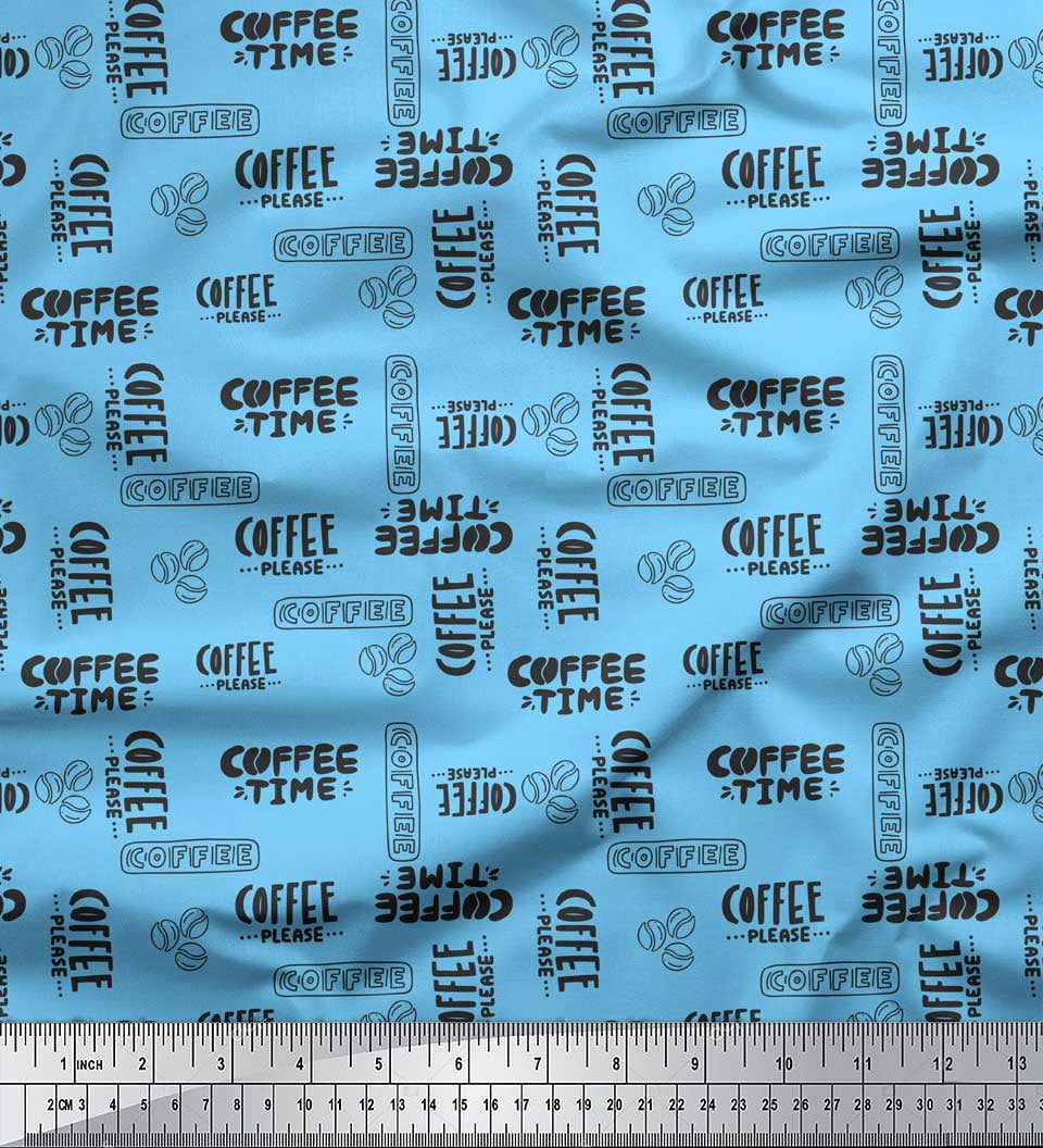 Soimoi Blue Heavy Satin Fabric Coffee Time Text Print Fabric by the ...
