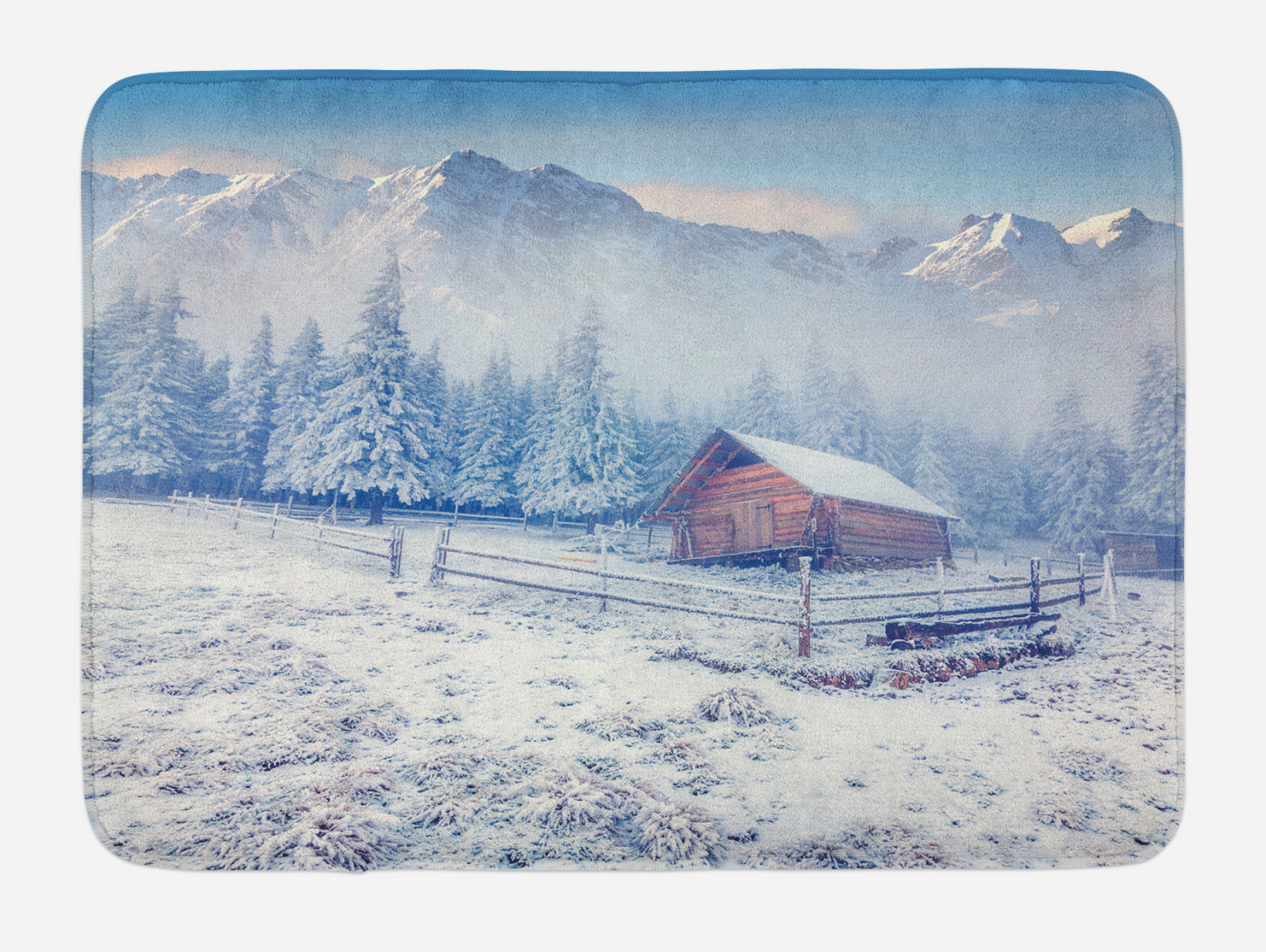 Winter Bath Mat, Old Farmhouse in Snow Mountains and Frosted Forest ...