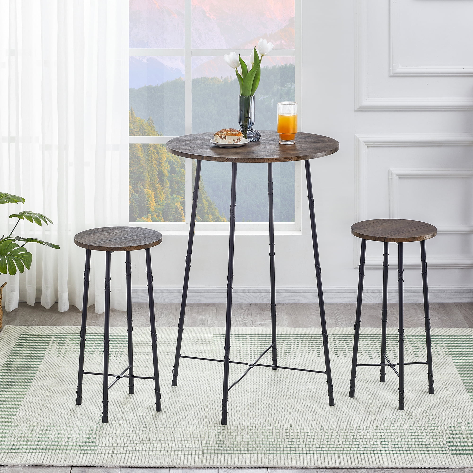 VECELO 3-Piece Bar Table Set with 2 Stools, Round Pub Table Set for ...