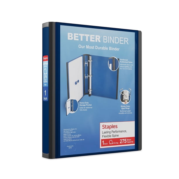 1" Staples Better View Binder with D-Rings Blue 648823 - Walmart.com