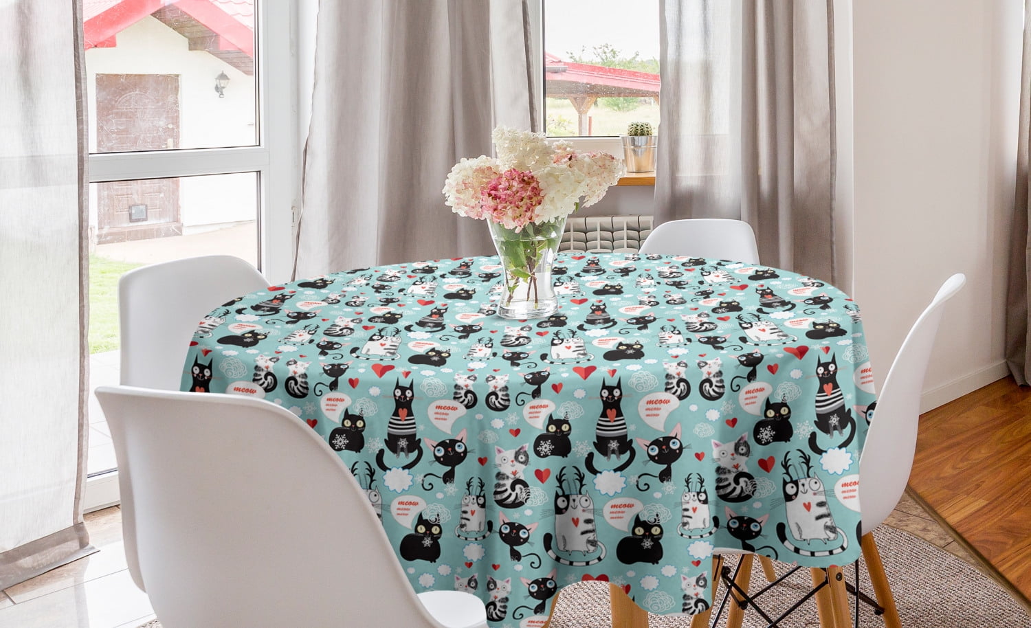 Cat Lover Round Tablecloth, Black and White Cats in Love Meow Print ...