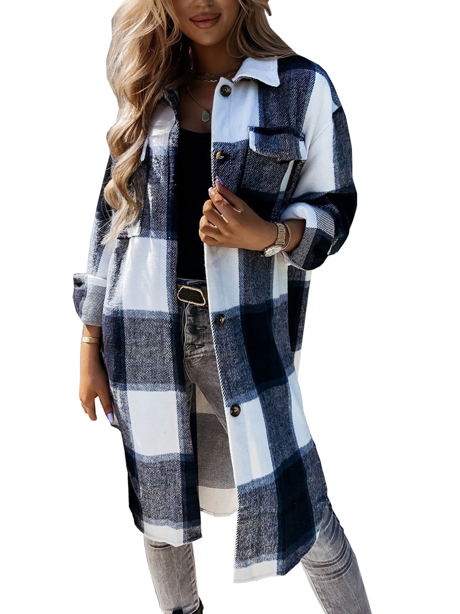 Herdignity Autumn Women's Plaid Wool Blend Shacket Jacket Lapel Button ...