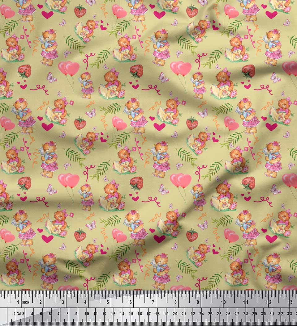 Soimoi Beige Silk Fabric Balloon & Teddy Bear Kids Print Fabric by the ...