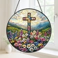 Christian cross stained style panel, floral window ornament for home ...