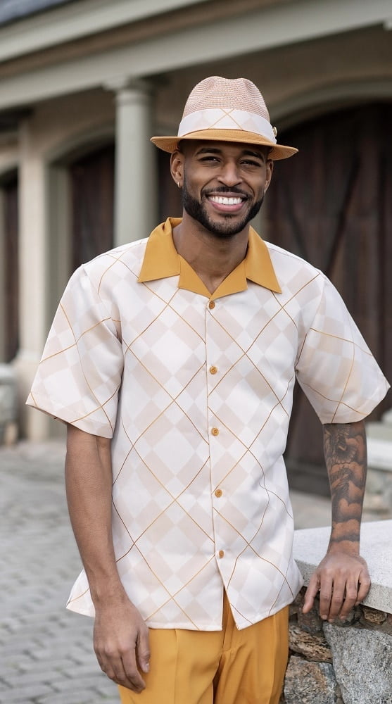 Montique Diamond Pattern Two Piece Short Sleeve Walking Suit in Gold ...