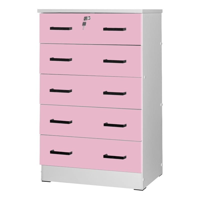 Pemberly Row 5 Drawer Chest Wooden Dresser with Lock in Pink - Walmart.com