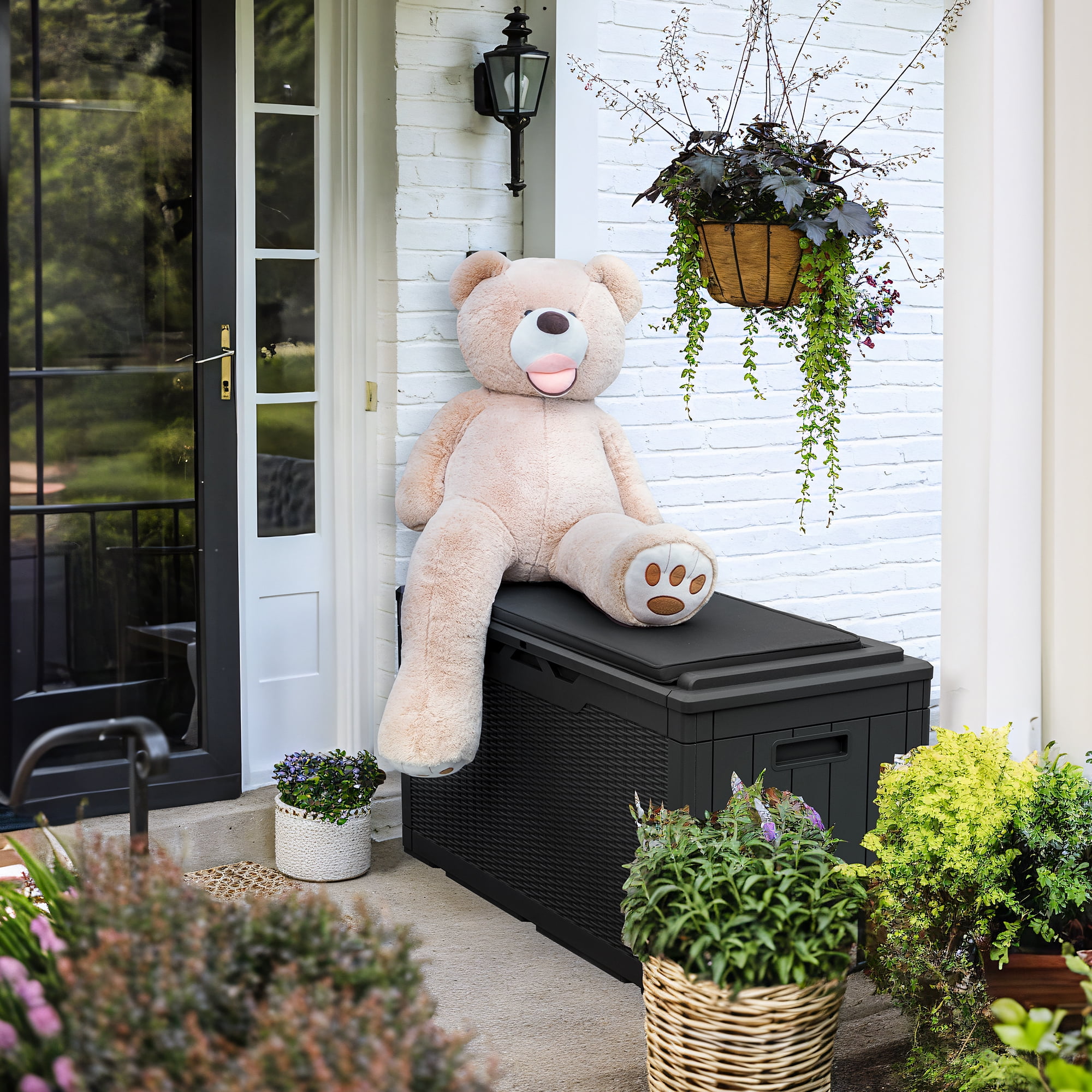 Devoko Garden Patio 100 Gallon Resin Deck Box with Cushions Outdoor Lockable and Waterproof Storage Bench Black Walmart
