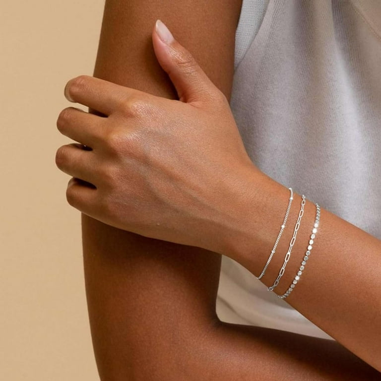 Bracelets for Women Dainty Silver Bracelets for Women Set 14K Silver Bracelet Stack Waterproof Jewelry for Women Trendy Minimalist Simple Small Thin