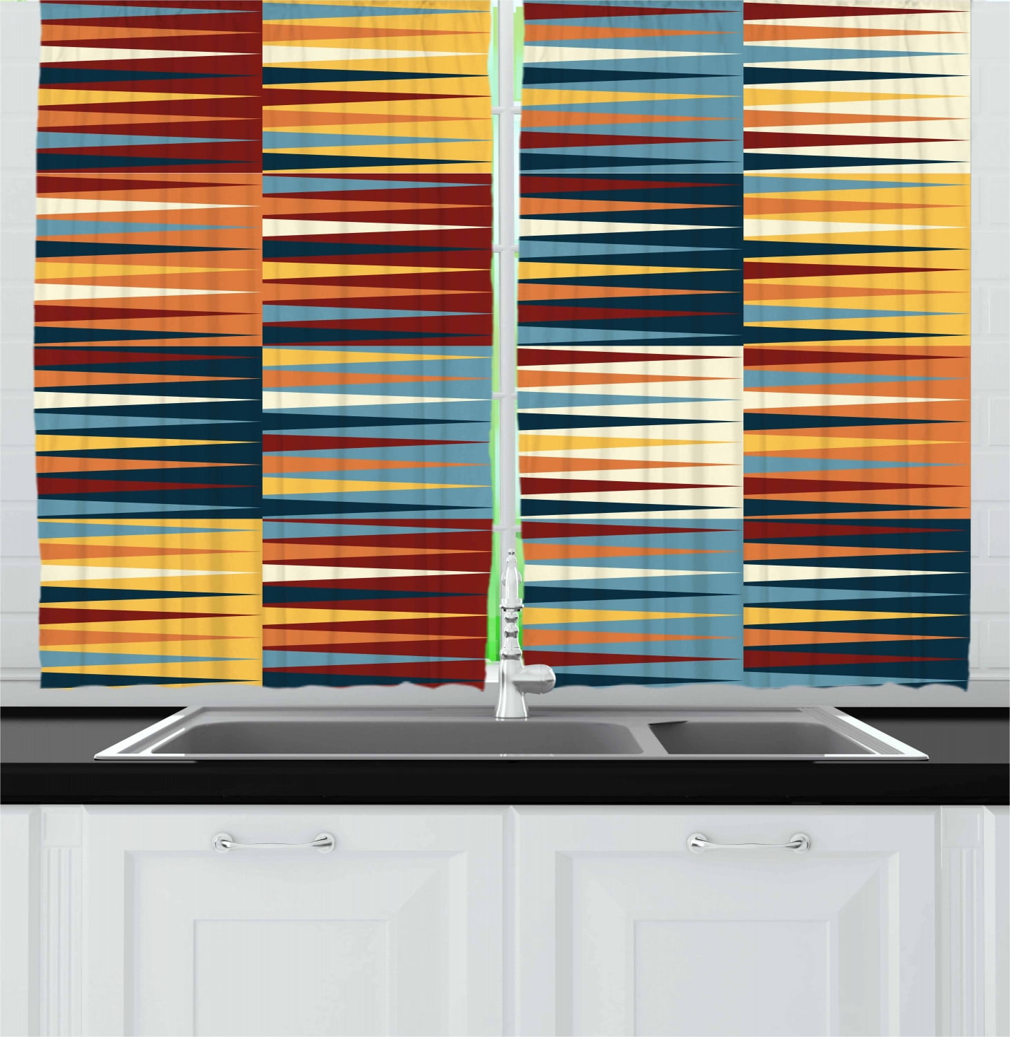 Retro Curtains 2 Panels Set, Long Sharp Edged Horizontal Triangles on ...