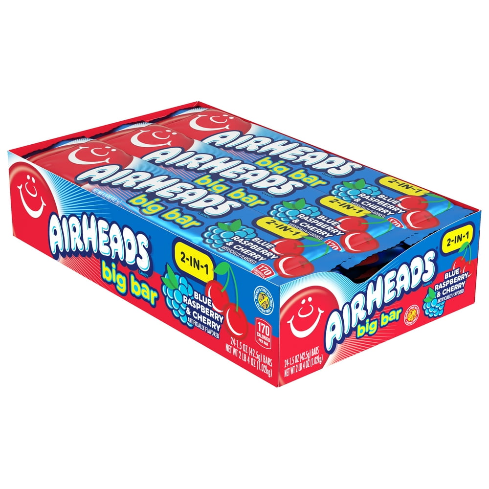 Airheads 2-in-1 Individually Wrapped Big Bar, Blue Raspberry and Cherry ...