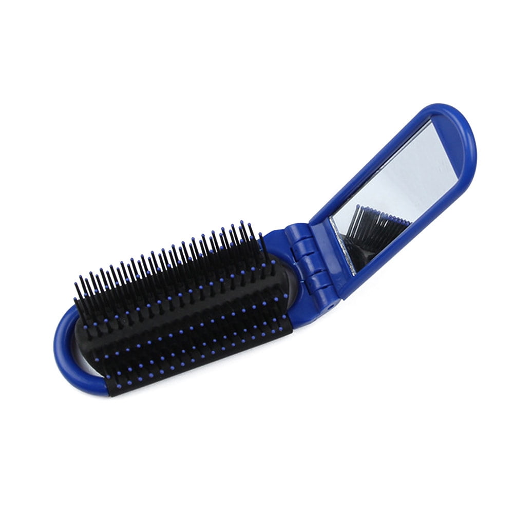 Portable Folding Hair Brush With Mirror Compact Travel Comb - Blue, New ...