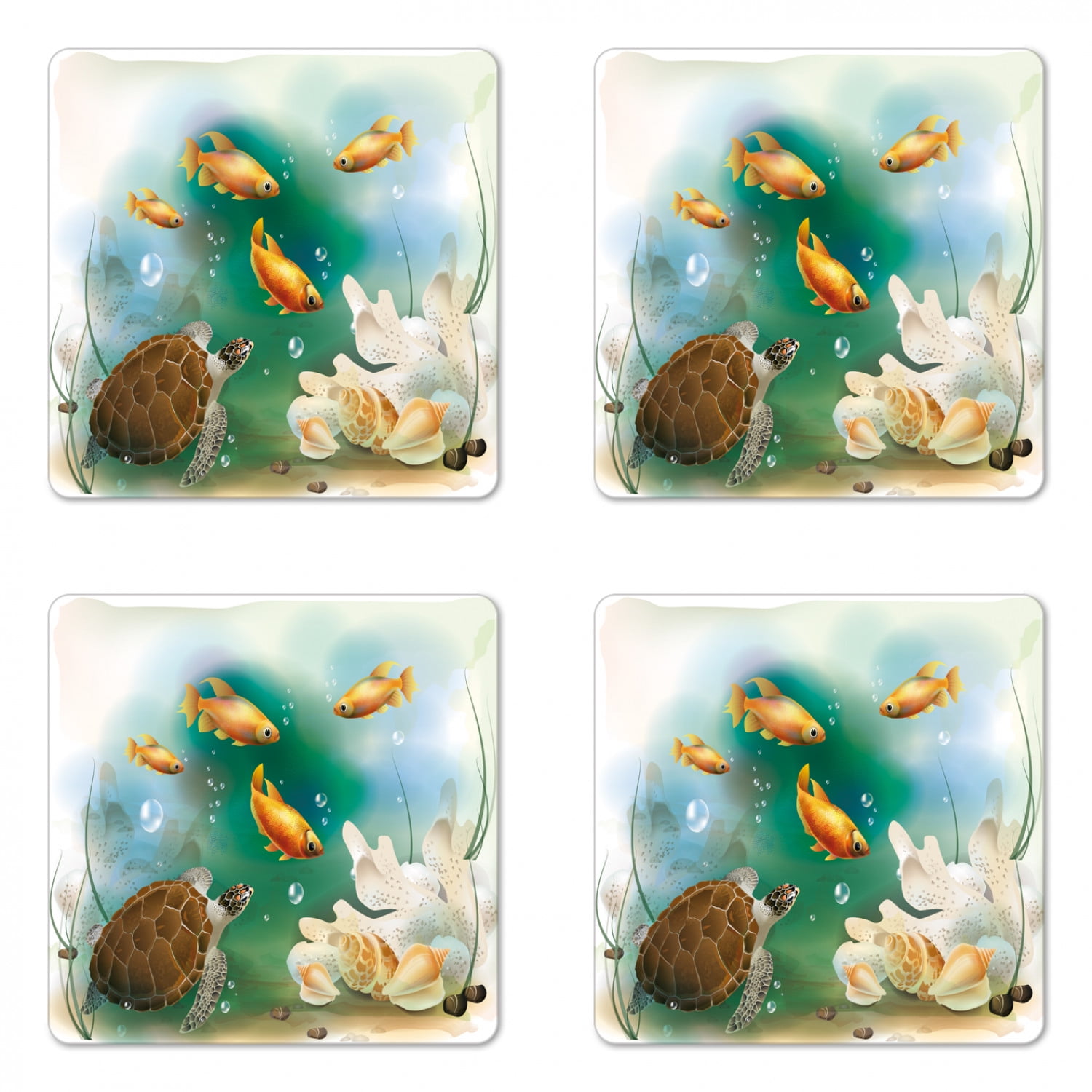 Turtle Coaster Set of 4, Ocean Life Illustration Aquarium Tropical ...