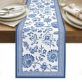 Blue Flowers Table Runner, Floral Geometric Classic Traditional Border ...