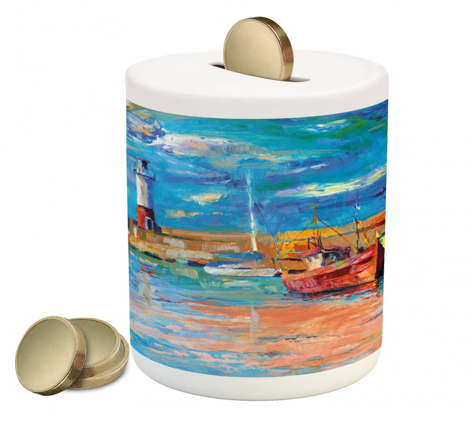 Art Piggy Bank, Oil Painting Tones Style Lighthouse and Boats on Sea ...