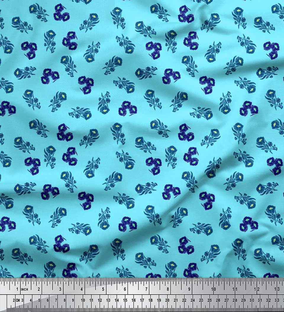 Soimoi Blue Cotton Duck Fabric Leaves & Floral Artistic Print Fabric by ...