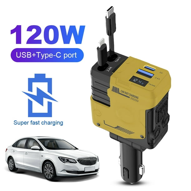 Adaptador Mechero Coche Cargador 120W 4 en 1 USB Retráctil Tipo C () Amarillo | Bodega Aurrera ...