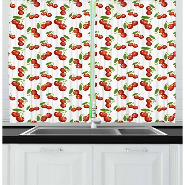 Kitchen Curtains 2 Panels Set, Cherry Pattern Design Fresh Berry Fruit ...