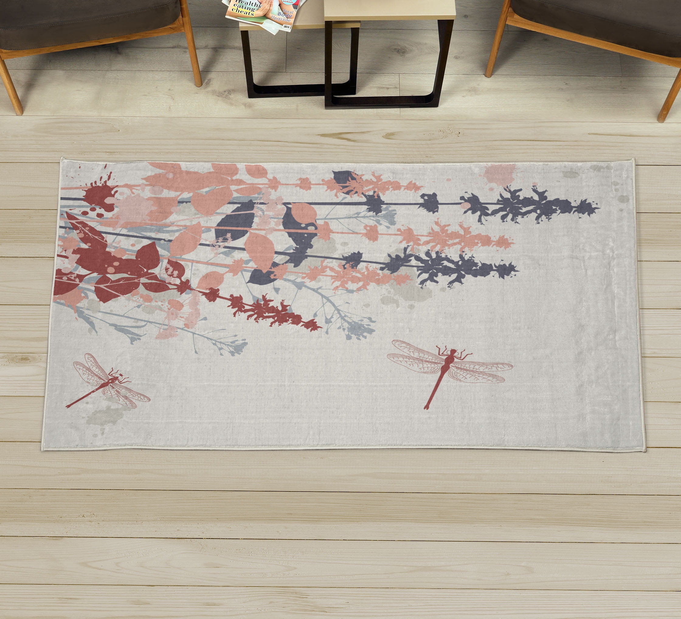 Dragonfly Decorative Rug, Nature Plants Grass with Wildflowers with ...