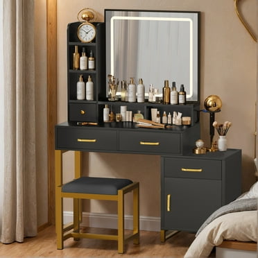 Black LED Vanity Desk Set with 45" Lighted Mirror - 3 Drawers & 2 ...