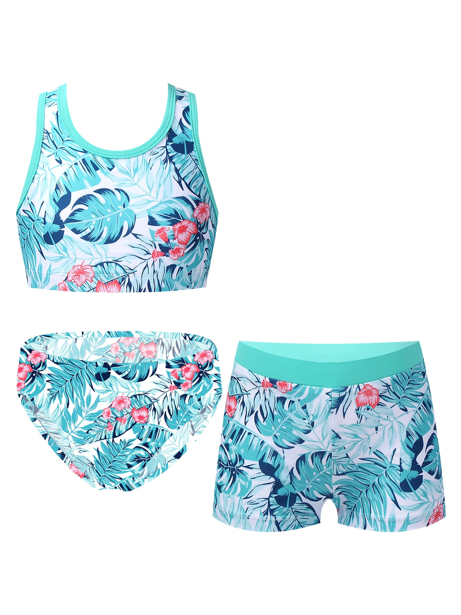 Iefiel Girls Teens Three Pieces Swimsuit Y Back Crop Top With Shorts