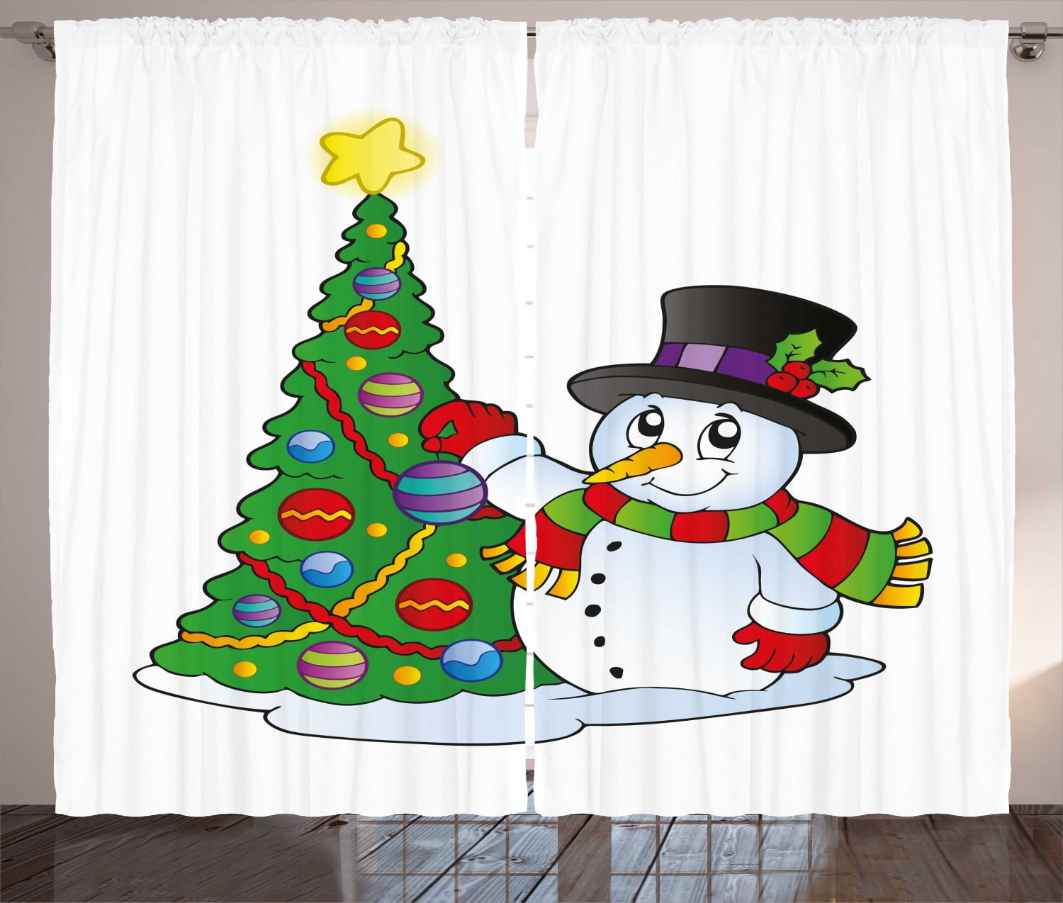 Snowman Curtains 2 Panels Set, Lovely Character Near a Christmas Tree ...