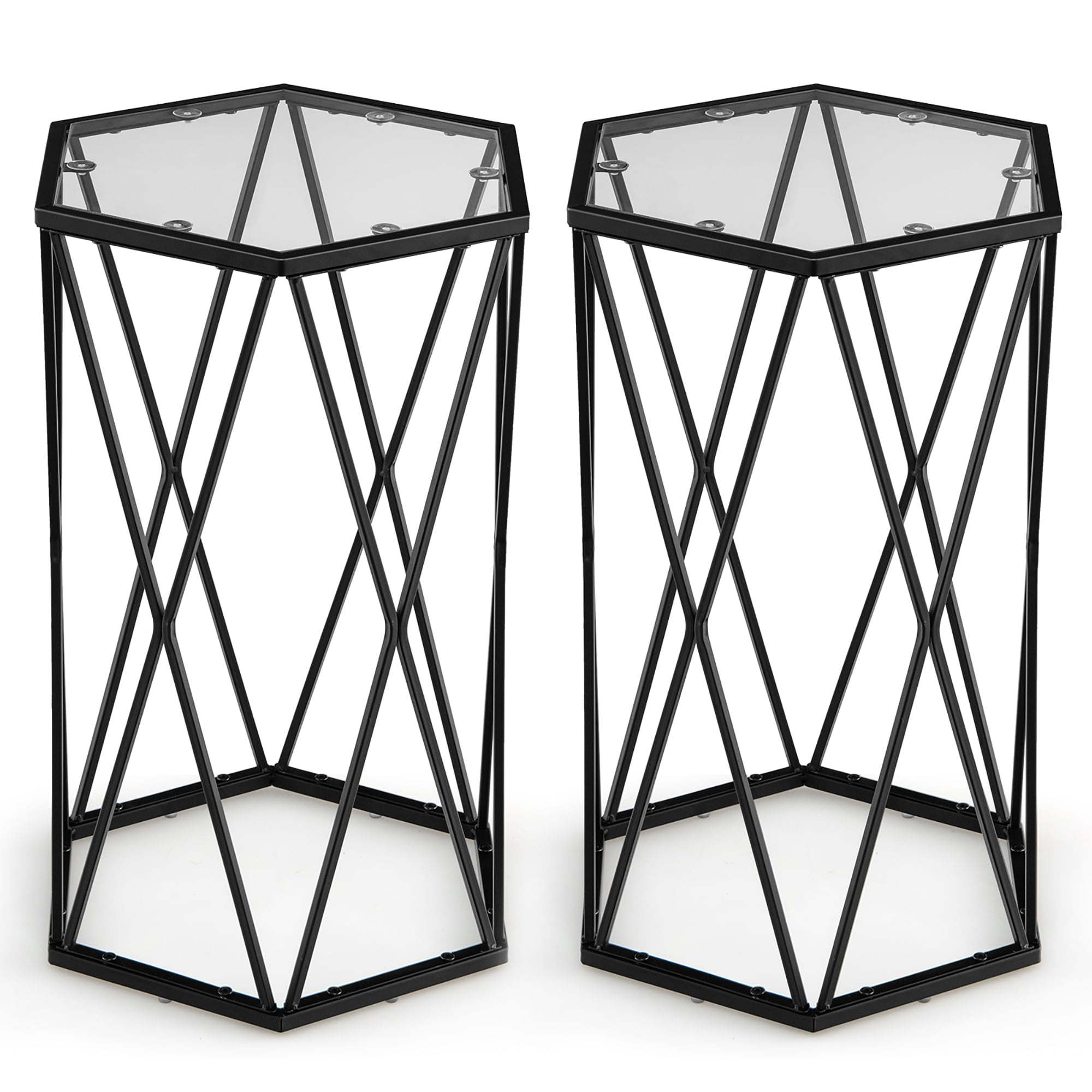 Costway Set of 2 End Table Tempered Glass Top Metal Frame Hexagonal ...