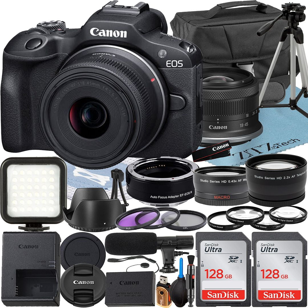 Canon Eos R100 Mirrorless Camera With Rf-S 18-45mm Lens + 2 Pack Sandisk 128gb Memory Card + Case + Zeetech Accessory