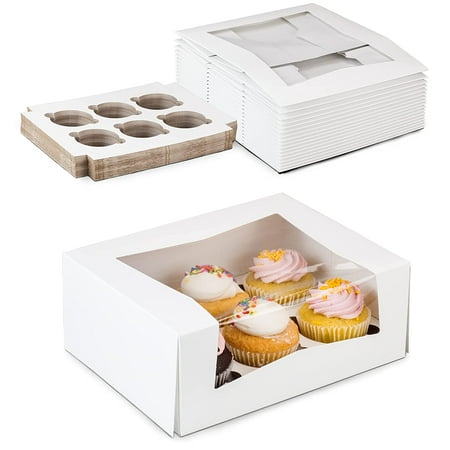 [18 Boxes and 18 Trays Pack] 9x7x3.5 Inch White Cupcake Box with Window ...
