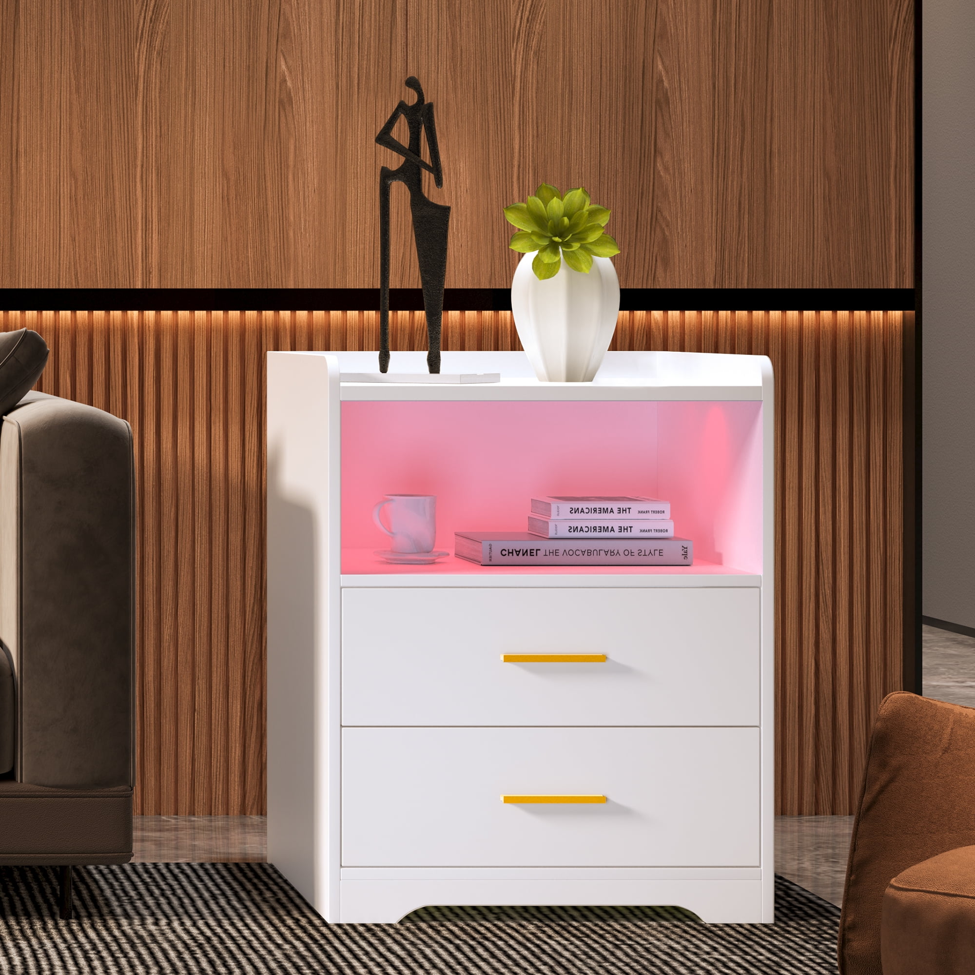 LVSOMT White Nightstand with Wireless Charging Station and 24-Colors ...