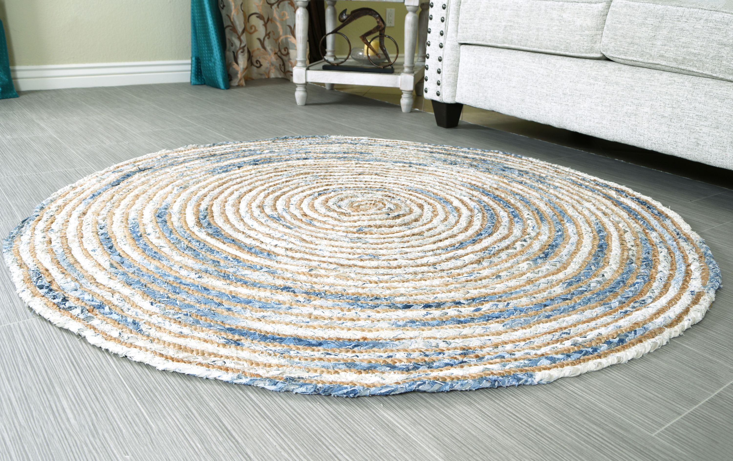 5 Ft Blue Round Rug For Living Room Braided Denim Jute Non slip