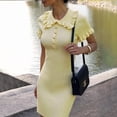 Women'S Pan Collar French Retro Knit Dress with Ruffle Trim Button ...